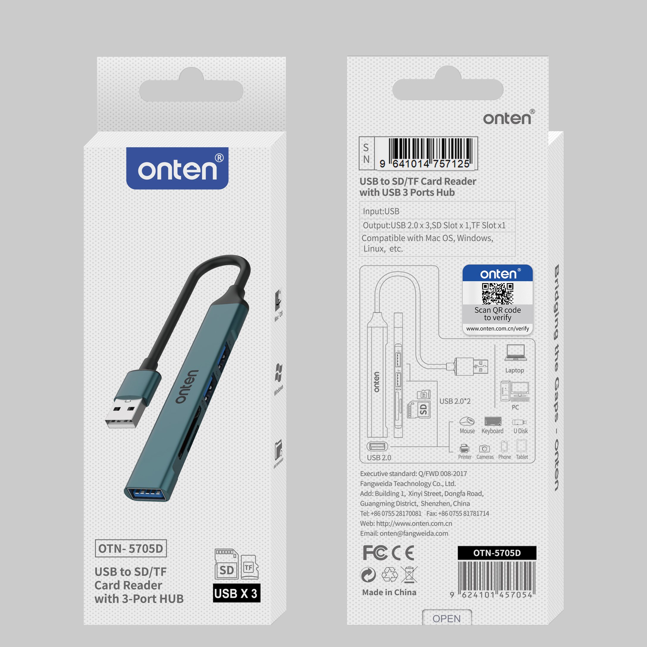 Onten OTN-5705D USB2.0 Card Reader SD/TF with 3 port HUB ฮับการ์ดรีเดอร์พร้อม usb 2 3ช่อง ...