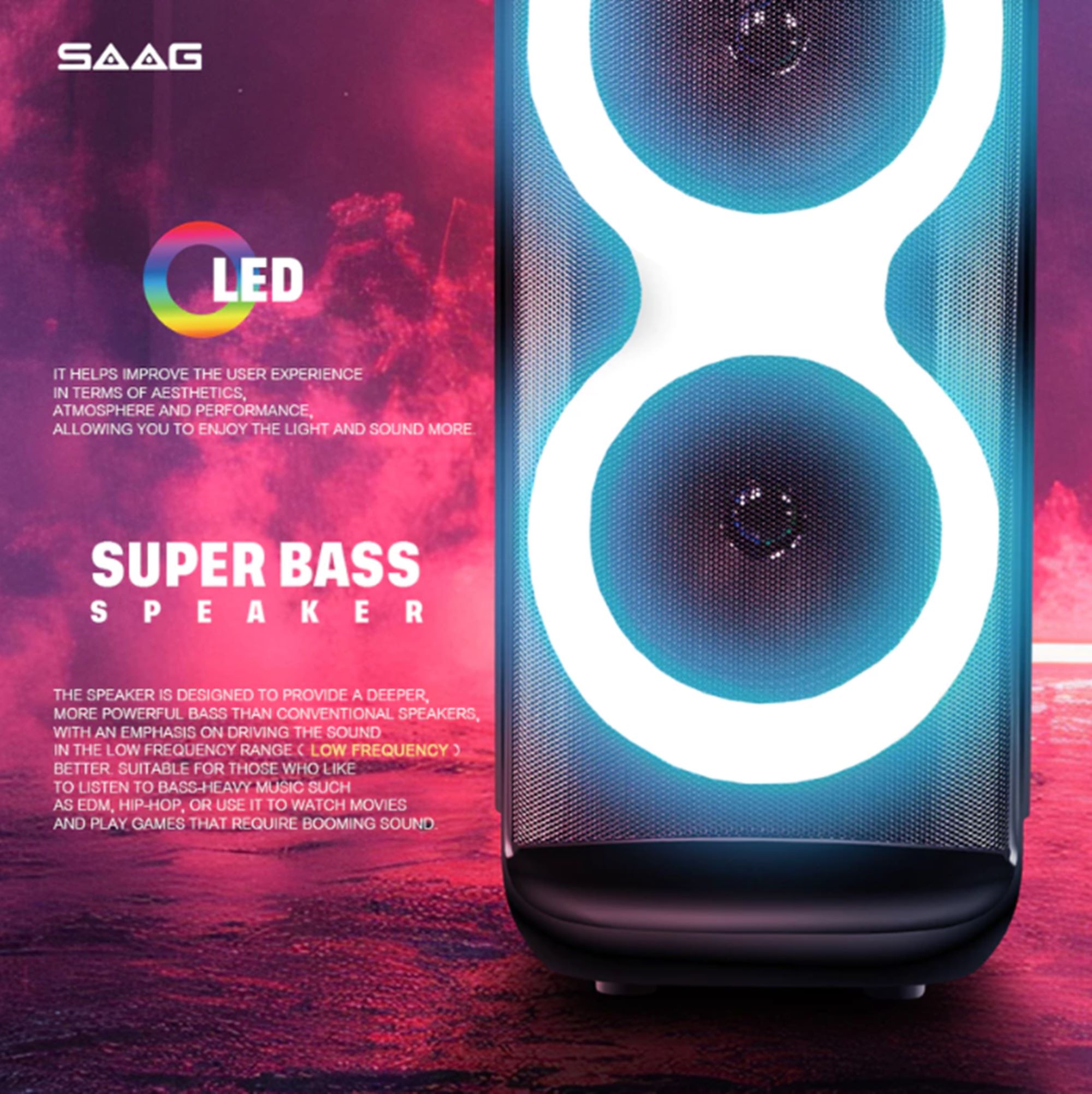 ลำโพงบลูทูธ SAAG รุ่น BLAZE Speaker ลำโพงปาร์ตี้ไร้สาย พร้อมไมค์ 2 ตัว มีไฟ LED ลำโพงเสียงดี ...