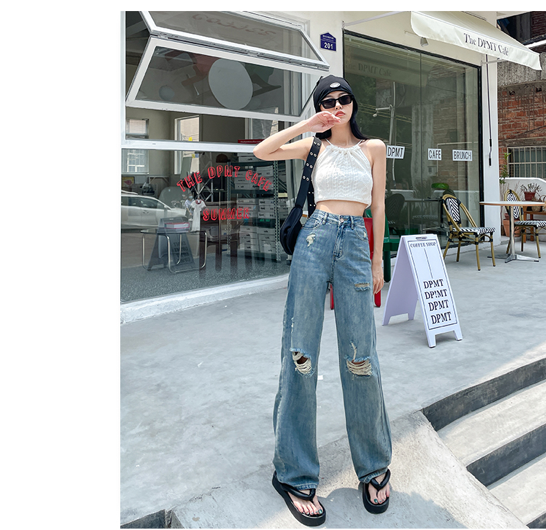 GHAOHES กางเกง ยีน ส์ ขา บาน เอว สูง หลุมแตก แฟชั่นสบายๆ ผ้าไม่มีความยืดหยุ่น v55 | Shopee Thailand