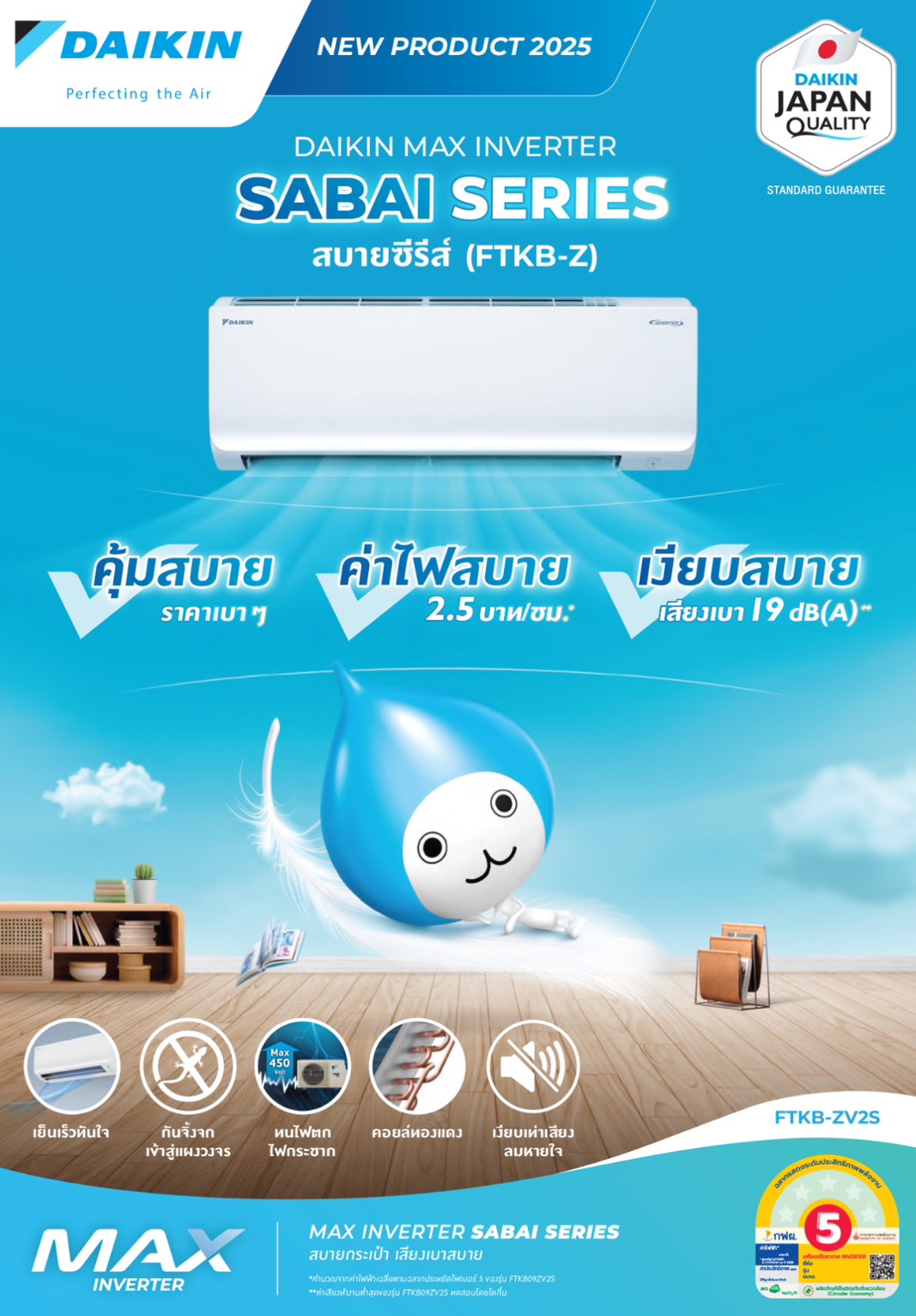 แอร์ติดผนัง Daikin เครื่องปรับอากาศ Max Inverter SABAI SERIES รุ่น FTKB09ZV2S ขนาด 9200 BTU ...
