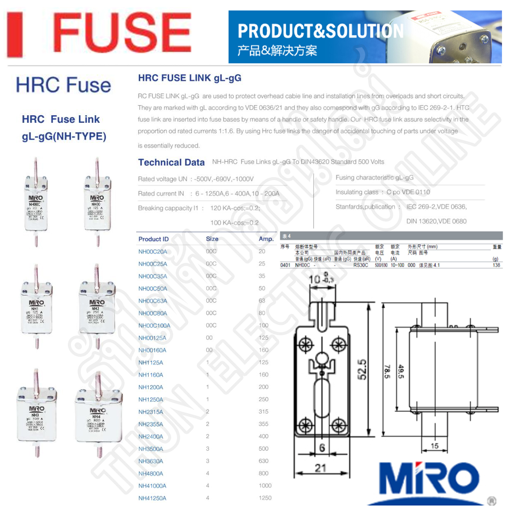 Miro Marvel HRC Fuse Link ฟิวส์ใบมีด NH00C NH00 16A 32A 35A 50A 63A 80A 100A 125A 160A ลูกฟิวส์ ...