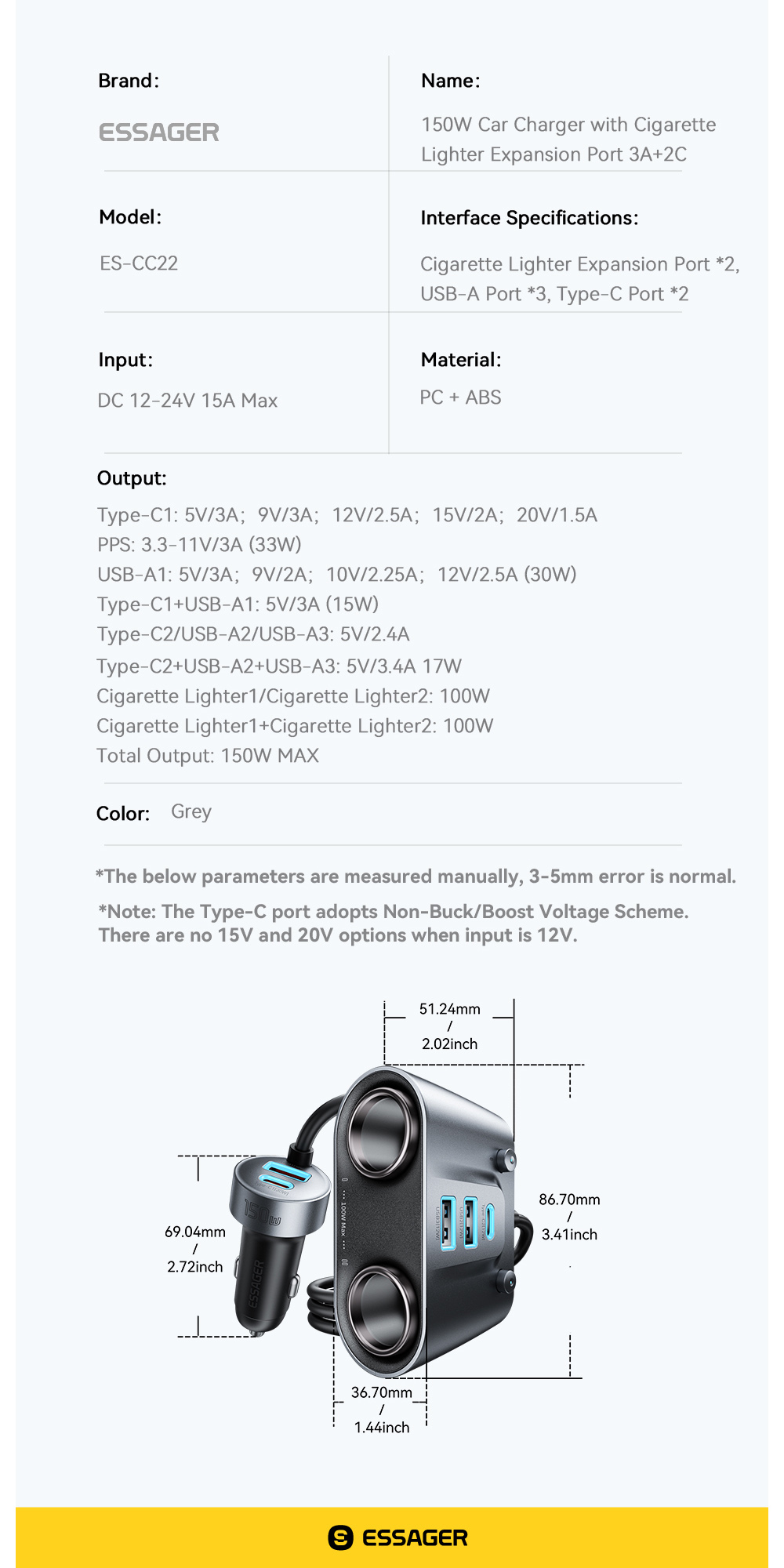 Essager 150W 3A+2C เครื่องชาร์จในรถยนต์ อินเทอร์เฟซที่จุดบุหรี่ขยาย ...