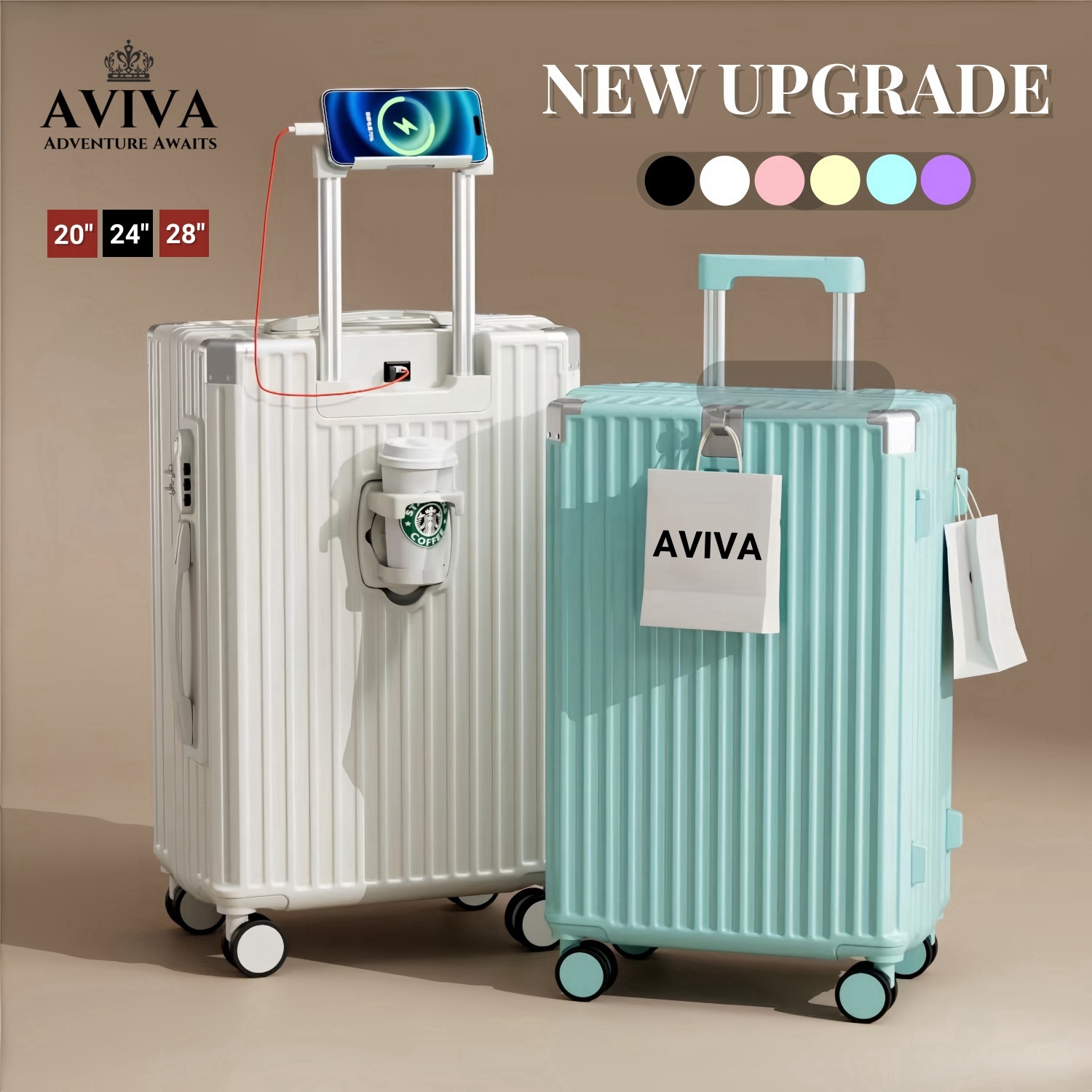 AVIVA ฟังก์ชั่นการชาร์จ USB กระเป๋าเดินทาง 20/24/28นิ้ว พร้อมตะขอ โลหะ ...