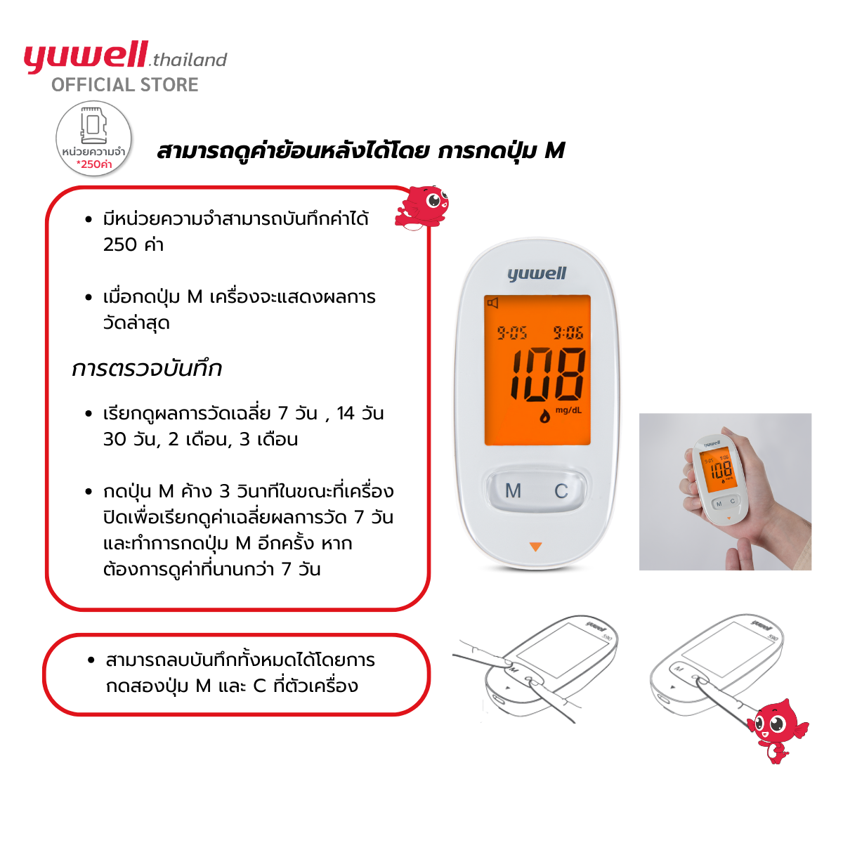 เครื่องตรวจวัดระดับน้ำตาลในเลือด Yuwell รุ่น 590 รับประกันตลอดอายุการ ...