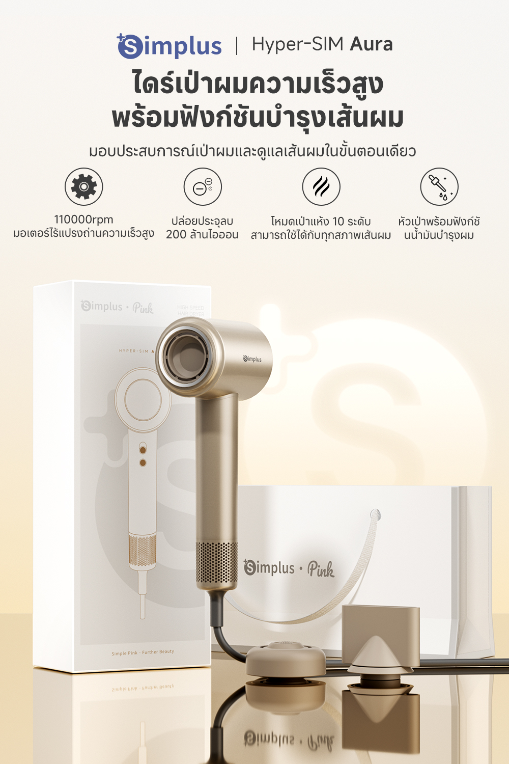 Simplus Hyper-SIM Aura ไดร์เป่าผมเทคโนโลยีไอออนและน้ำมันหอมระเหย แรงลม 70m/s เสียงเบา 59dB ...