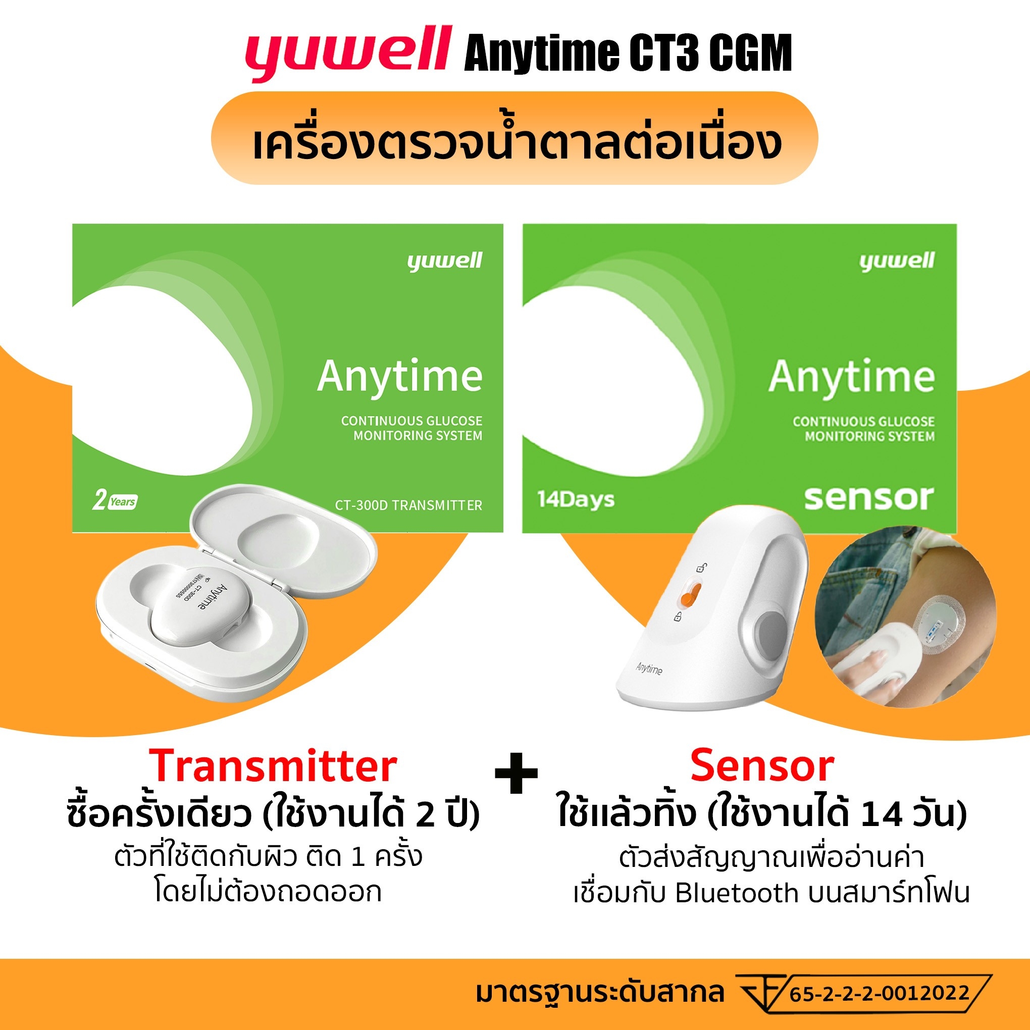Yuwellเครื่องตรวจวัดระดับน้ำตาลในเลือดแบบต่อเนื่อง CGM Anytime CT3 ไม่ ...