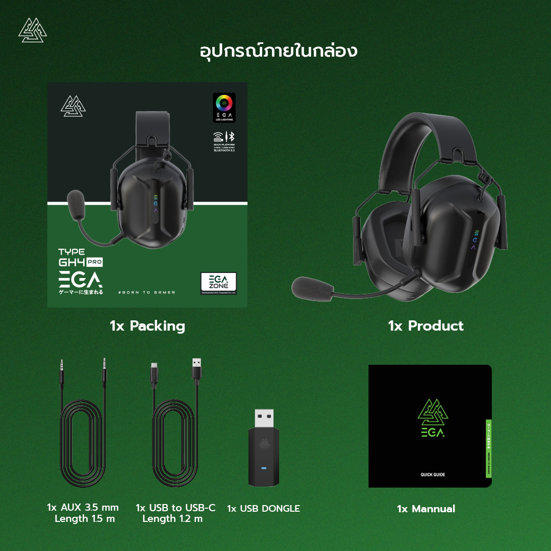 EGA TYPE-GH4 PRO หูฟังเกมมิ่ง Gaming Headset เชื่อมต่อ BT/Wireless/สาย ...