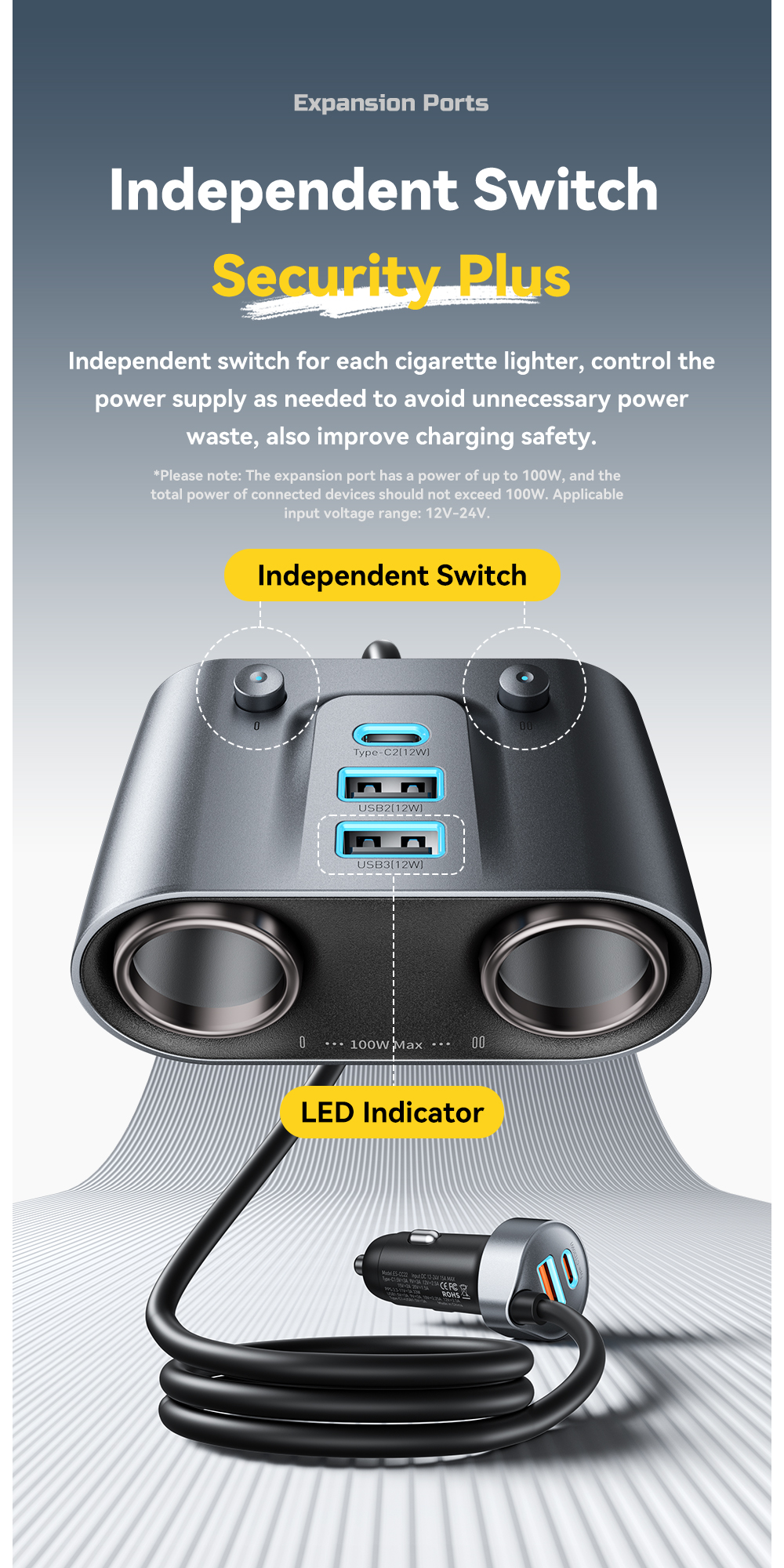 Essager 150W 3A+2C เครื่องชาร์จในรถยนต์ อินเทอร์เฟซที่จุดบุหรี่ขยาย ...