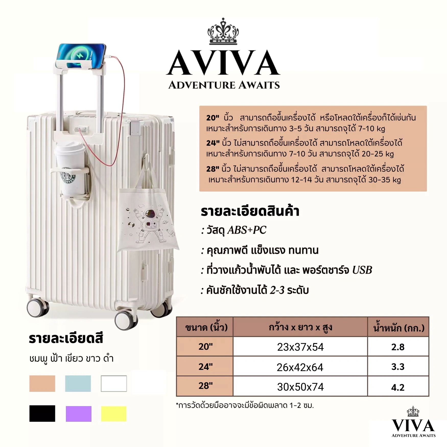 AVIVA กระเป๋าเดินทางล้อลาก รุ่น แข็งแรง ทนทาน ฟังก์ชัน พอร์ตชาร์จUSB ...