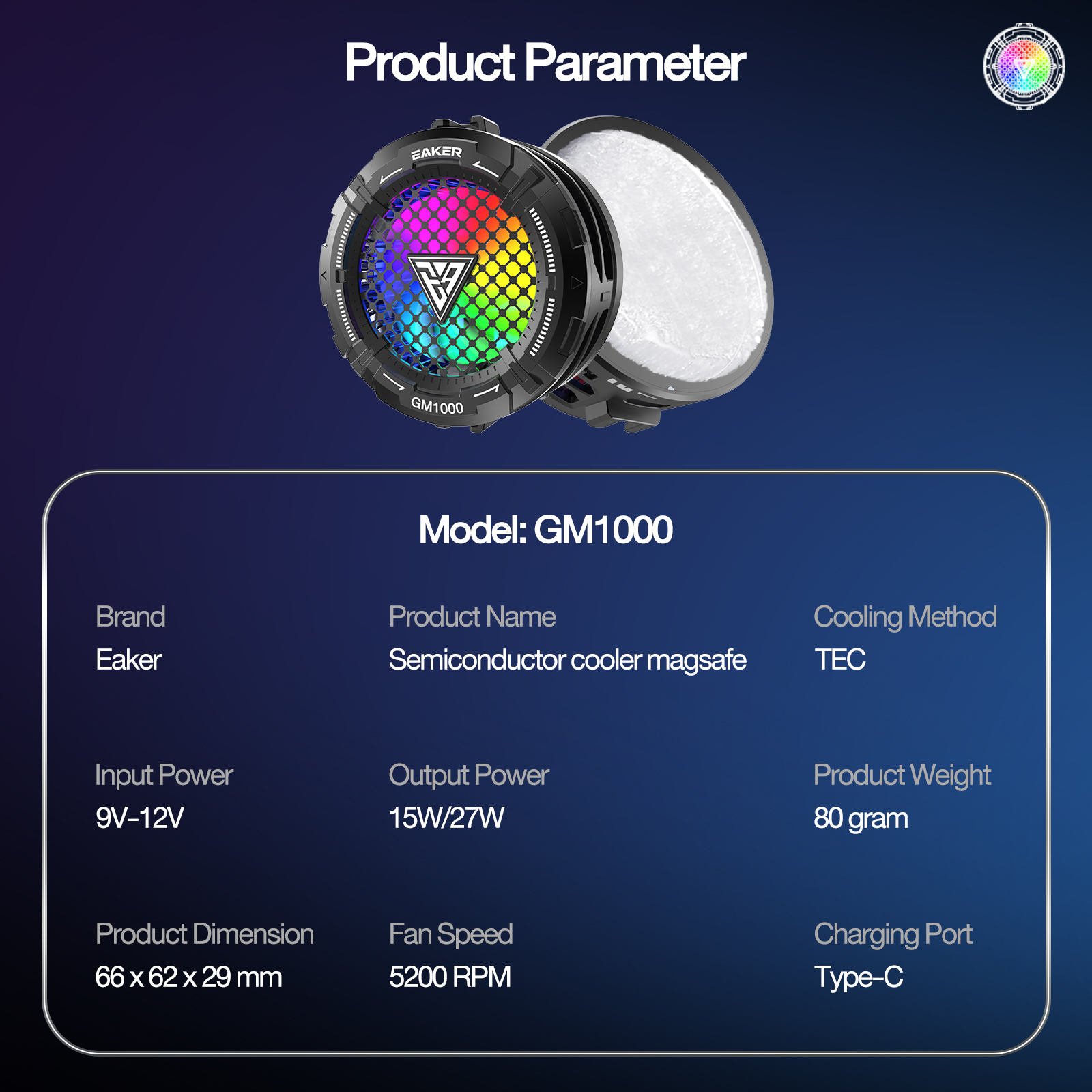 EAKER 27W พัดลมระบายความร้อน พัดลมมือถือ เย็นจนเป็นน้ำแข็งเครื่องไม่มีร้อนเหมาะสำหรับเกมเมอร์ ...