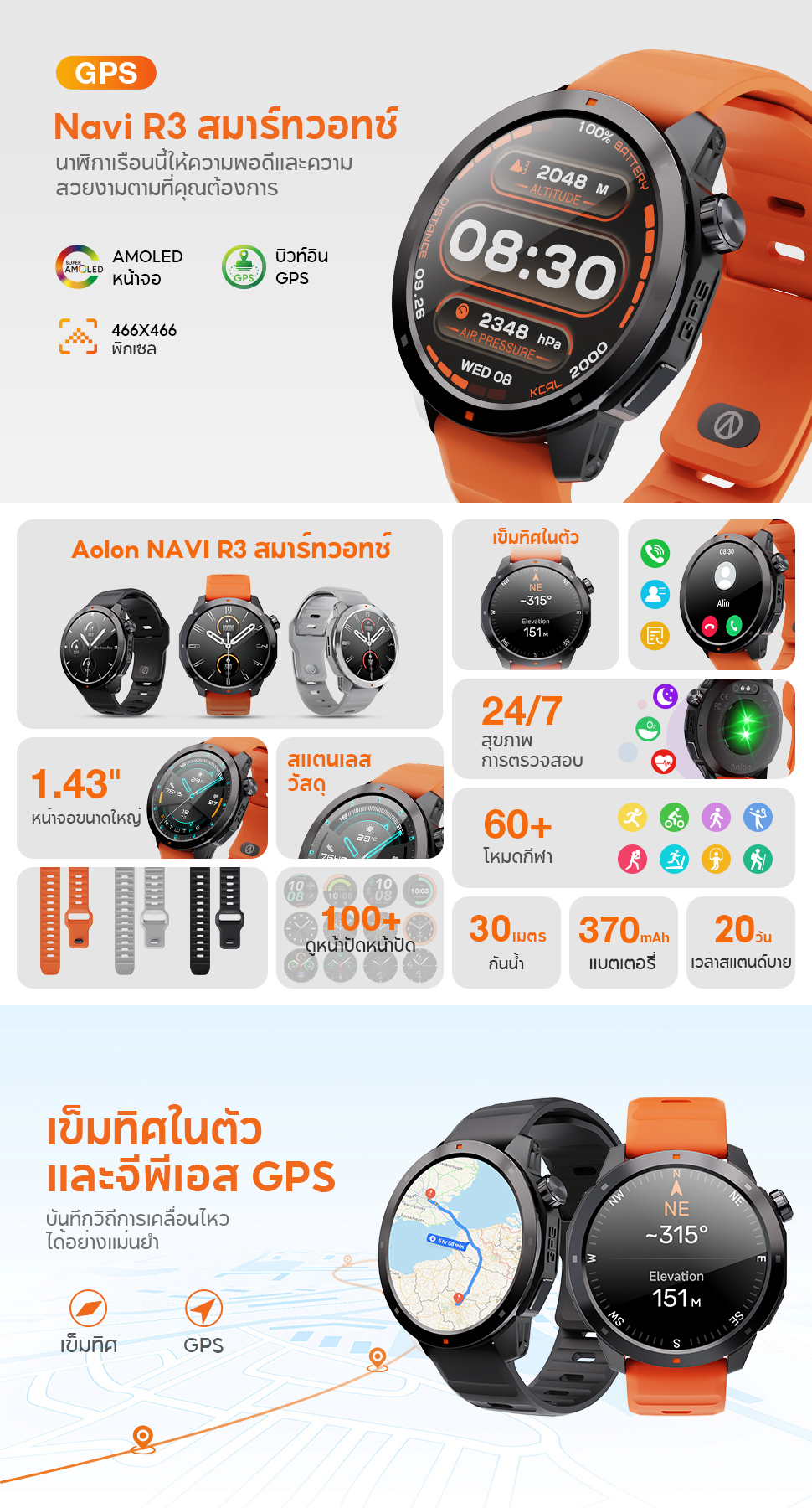 Aolon Navi R3 GPS สมาร์ทวอทช์ 1.43 นิ้ว นาฬิกาวิ่ง Amoled นาฬิกา โทร ...