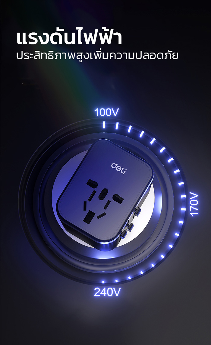 Deli หัวแปลงปลั๊กไฟ อะแดปเตอร์ปลั๊กสากล หัวชาร์จต่างประเทศ USB TypeC แรงดันไฟ110-230V Travel ...