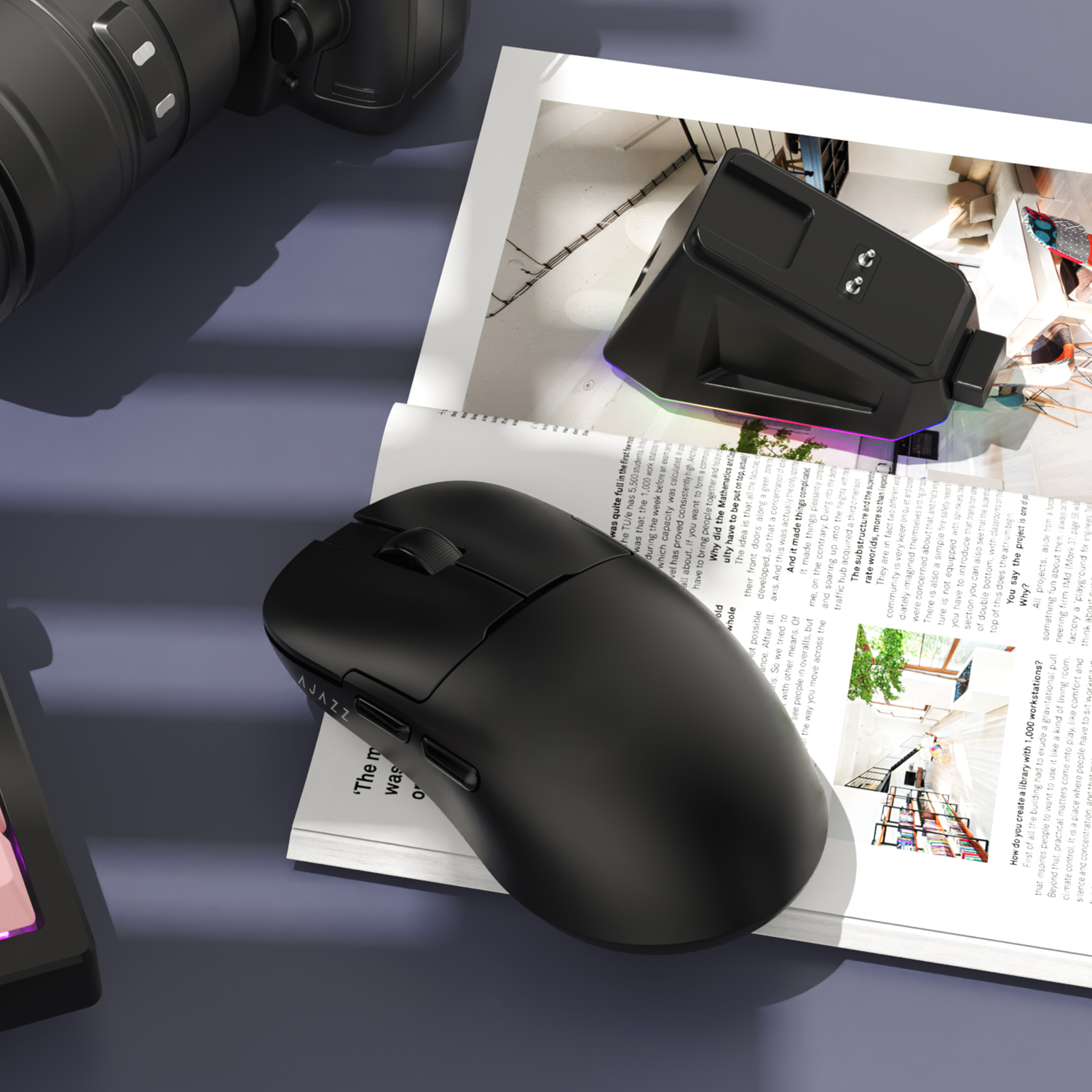 เมาส์เกมมิ่งพร้อมแท่นชาร์จ Ajazz AJ159P MC Tri-Mod(Wired+2.4G+BT) Wireless Magnetic Charging ...