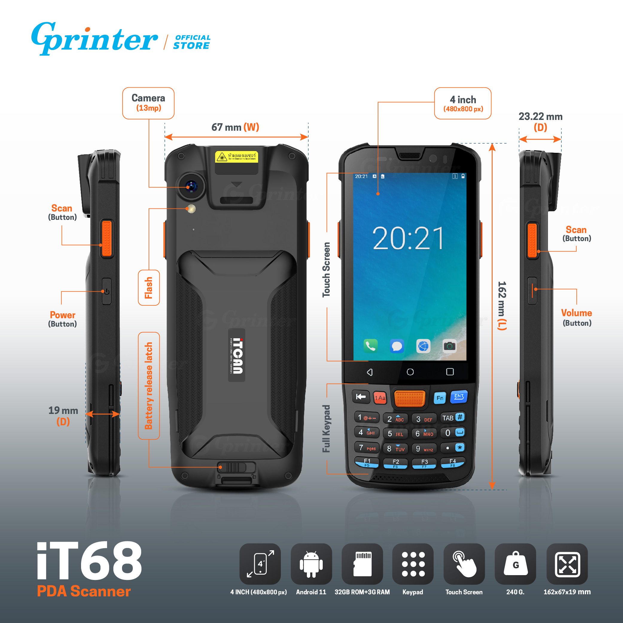 Gprinter PDA IT68 เครื่องสแกนบาร์โค้ด เครื่องPDA นับสต๊อกสินค้า สแกนบาร์โค้ดพกพา handheld ...