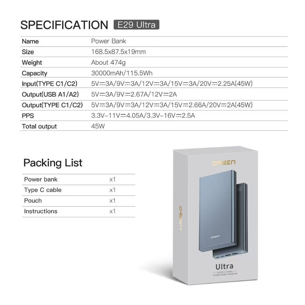 Eloop&Orsen รุ่นใหม่ล่าสุด E29 Ultra แบตสำรอง 30000 mAh 45W / Eloop E29 แบตสำรอง 30000mAh 20W ...