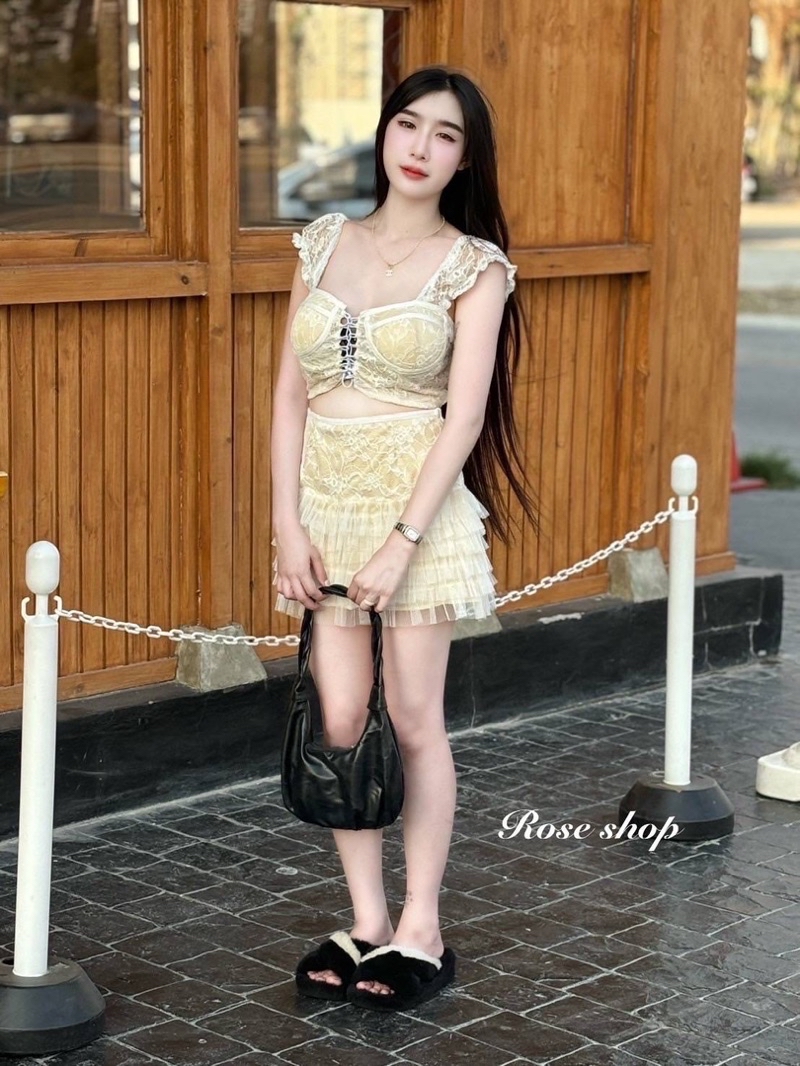 Phapassz - เซท2ชิ้น เสื้อก้ามถักเชือกอก มาพร้อมกระโปรงระบายชั้นๆ ดีเทลจึ้ง เนื้อผ้าดีสุด #Khnes ...