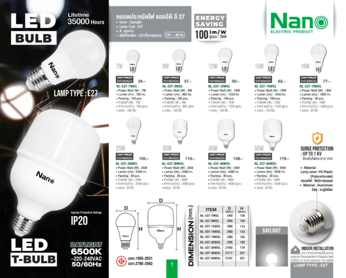 NANO 5แถมRTS1 หลอดไฟ LED 30/40/50w ขั้ว E27 หลอดไฟ แอลอีดี นาโน หลอดประหยัดไฟ T-Bulb หลอดทรง ...
