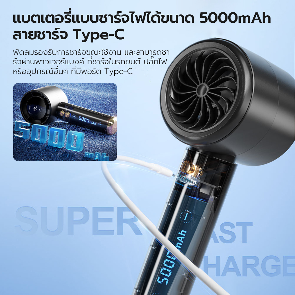 พัดลมมือถือ Mini พกพา แบตเตอรี่ในตัว ปรับ 5000mAh 100 ระดับ ลมแรง ชาร์จ USB | Shopee Thailand