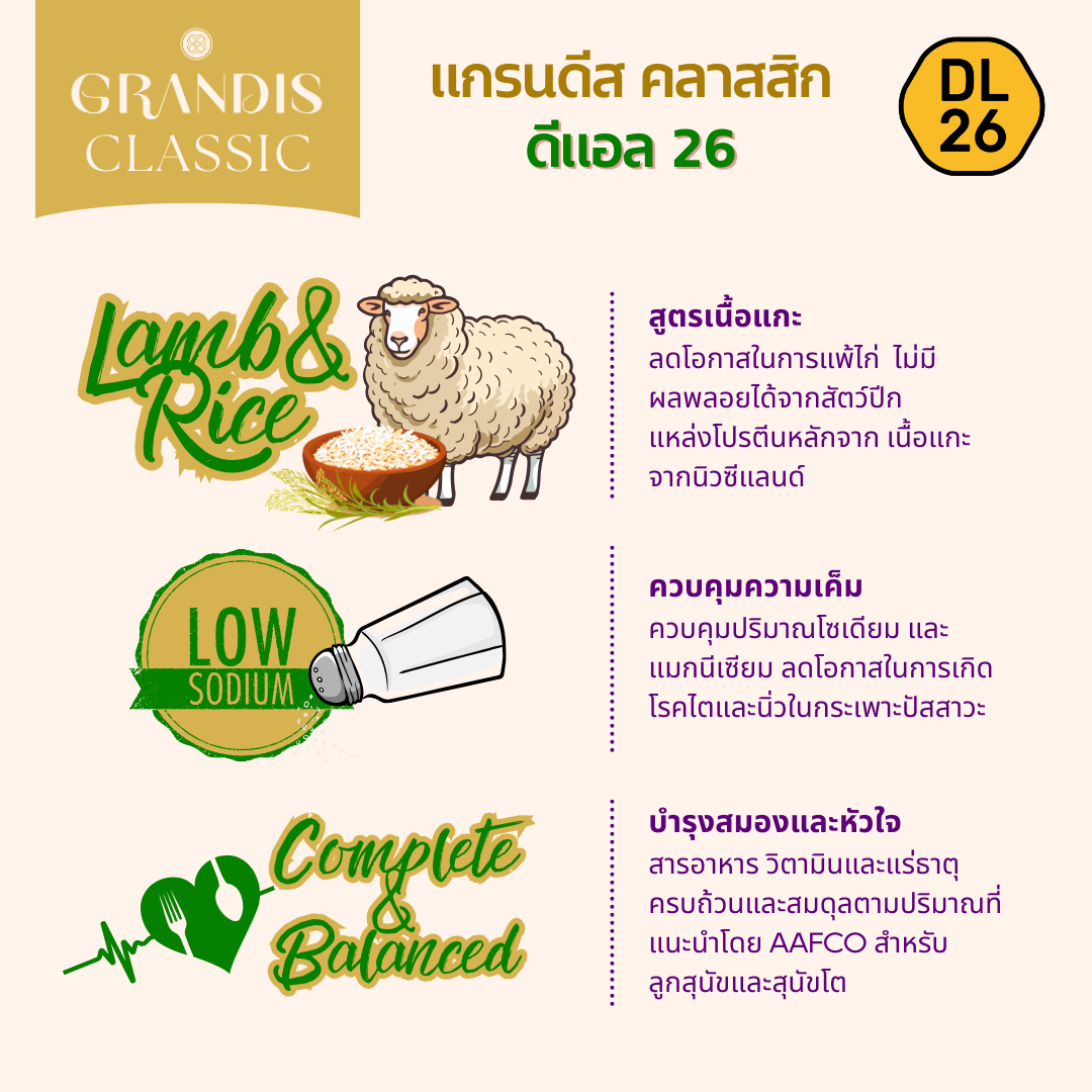 แกรนดีส DL26 (14กก) อาหารสุนัขเกรดพรีเมี่ยม GRANDIS สูตรกลูเตนฟรี แกะ ...