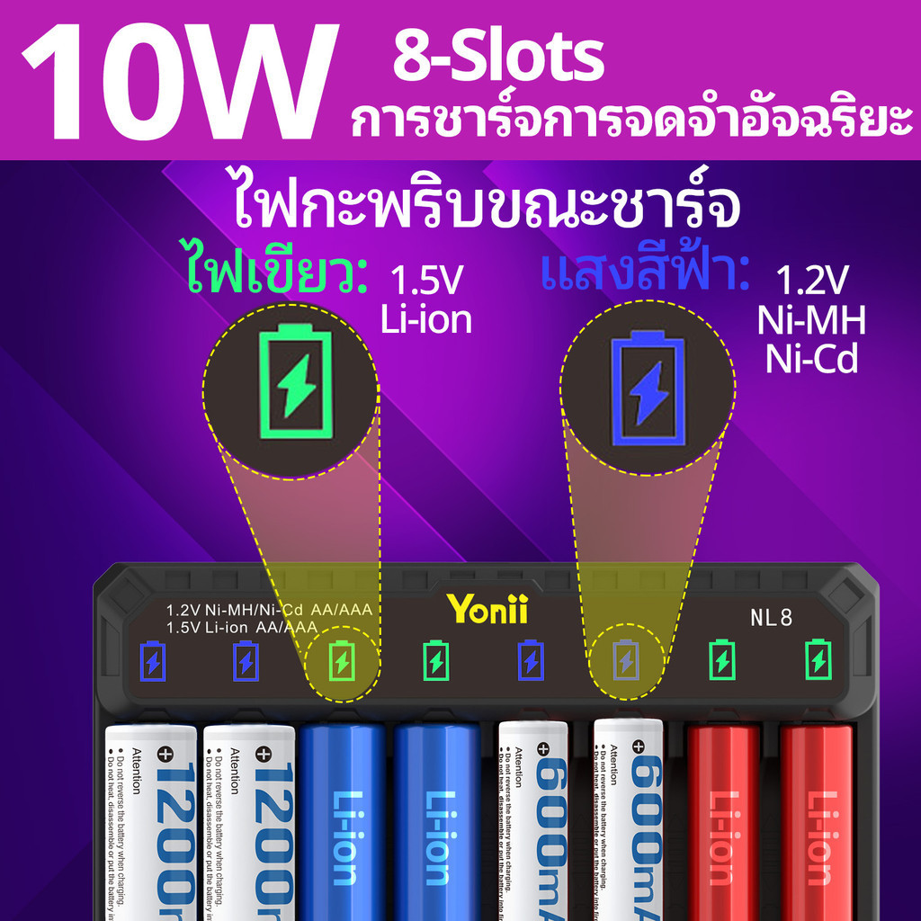 Yonii NL8 1.2V NiMH NiCd AA/AAA 1.5V แบตเตอรี่ Li-ion 8 ช่องชาร์จ ...