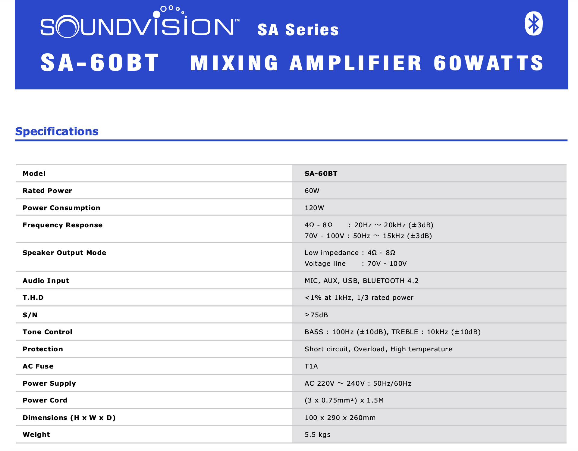SOUNDVISION SA-60BT มิกเซอร์แอมป์ 60 วัตต์ มีฟังก์ชั่น USB ,BLUETOOTH ...