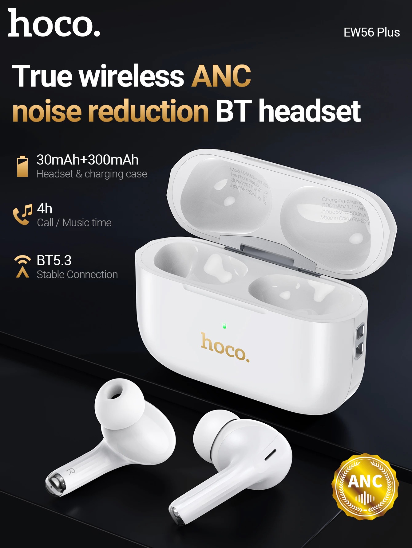 Hoco EW56 Plus หูฟังบลูทูธไร้สาย ลดเสียงรบกวน ANC เชื่อมต่อ 2 เครื่อง ...