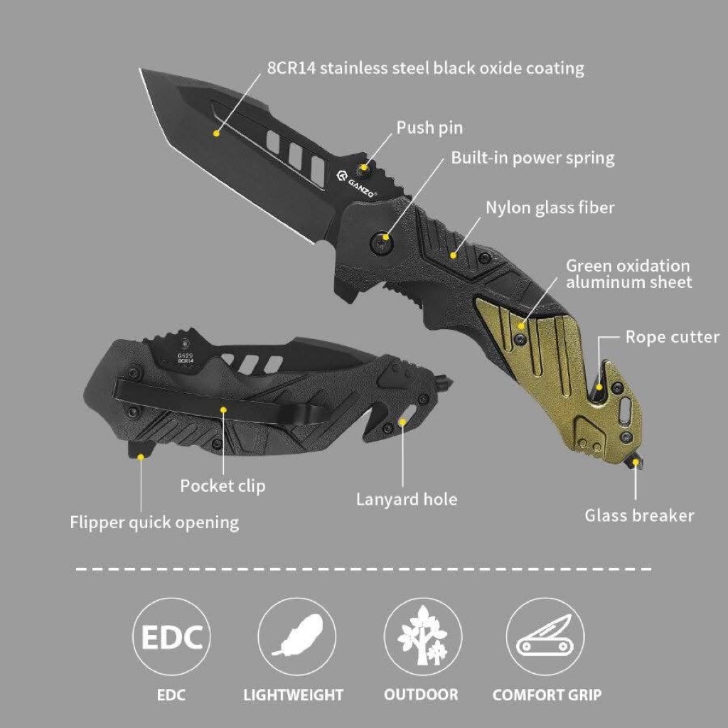 มีดพับGanzo G629 ของแท้100% เหล็กสแตนเลส 8CR14 ความแข็ง 57 HRC ใบมีดยาว ...