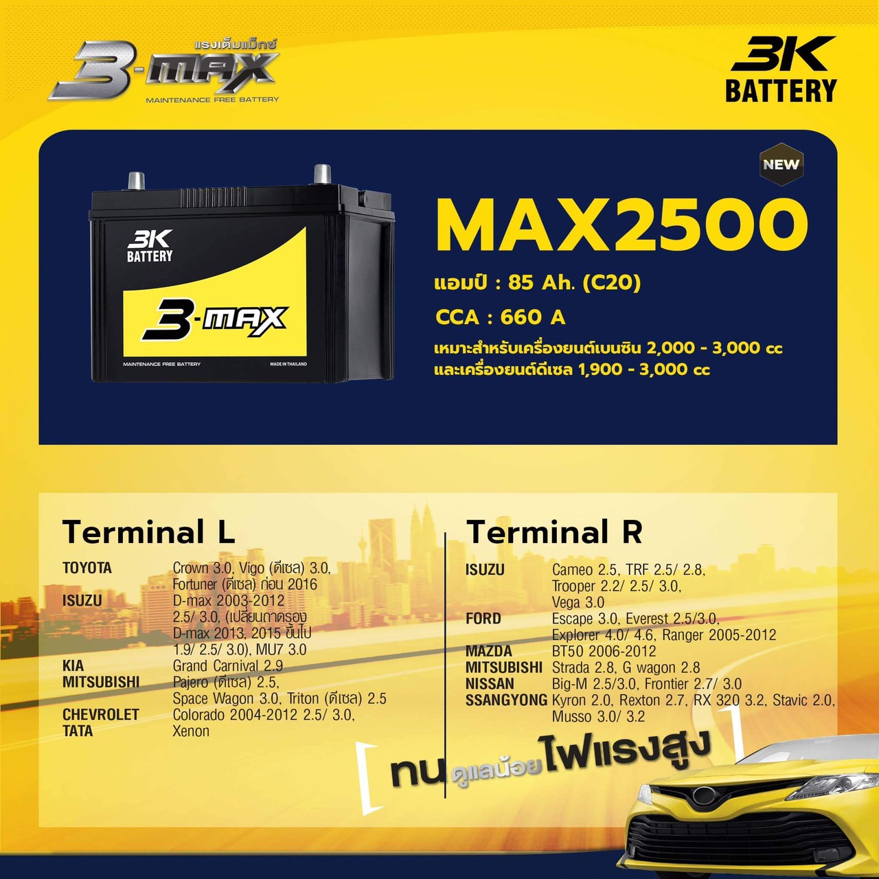 3K MAX2500L (95D31L) 12V.85Ah ปิคอัพ 3000cc : D-MAX, VIGO, ค่า CCA สูงพิเศษ และเก็บประจุไฟได้ยาว ...