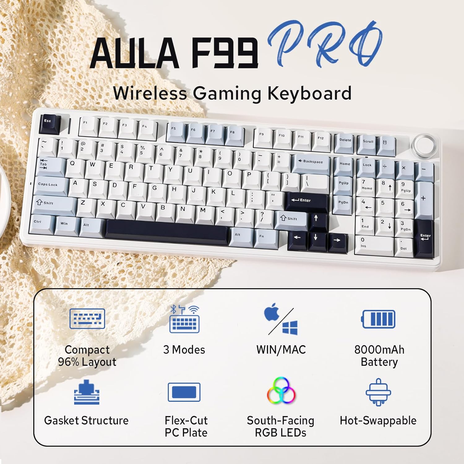 คีย์บอร์ดเกมมิ่งไร้สาย AULA F99 PRO Gasket Mechanical Keyboard คีย์ไทย แบต 8,000mAh F99Pro ...