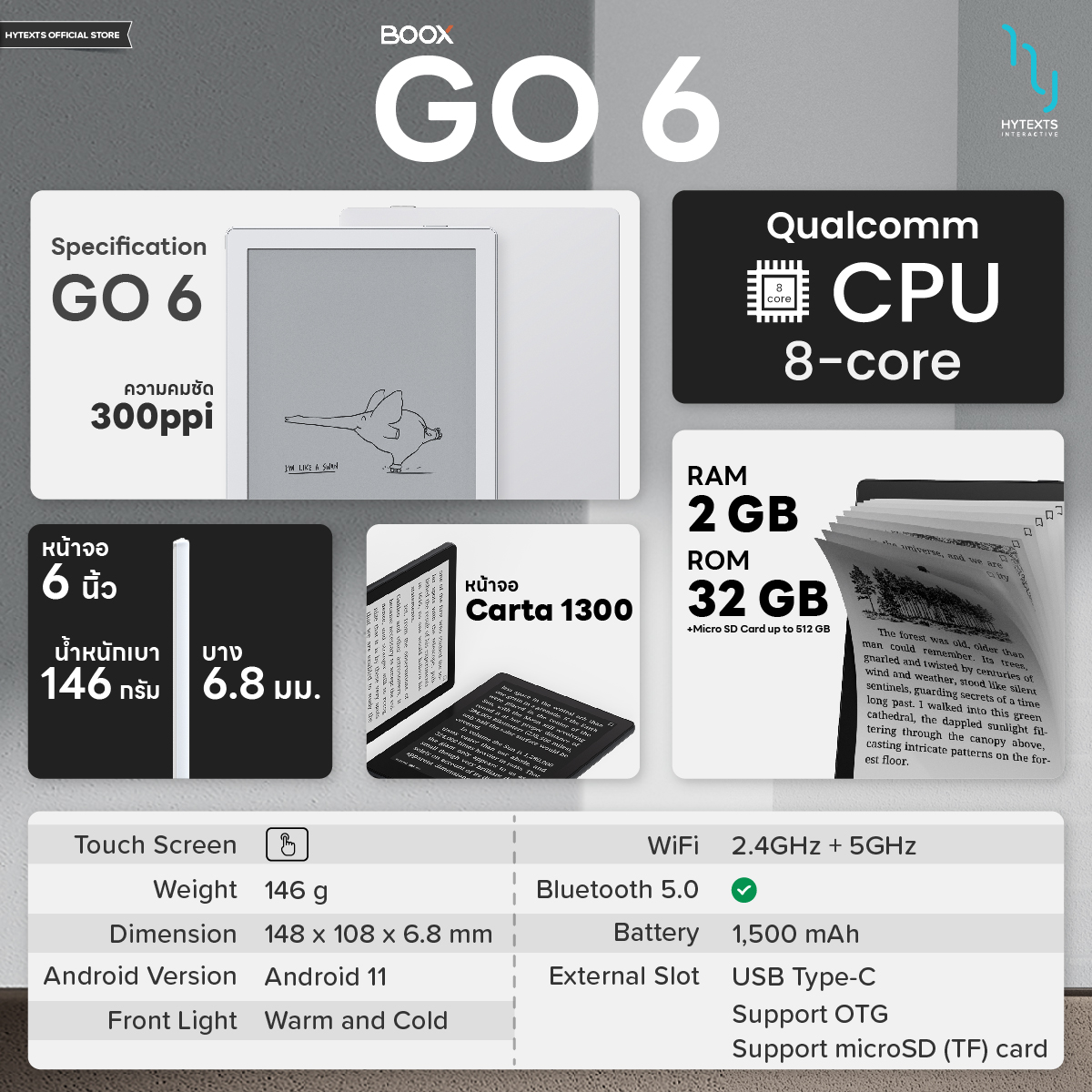 E-Reader BOOX GO6 Carta 1300 จอ 6นิ้ว 300ppi CPU2.0 Ghz 8-core เบาเพียง ...