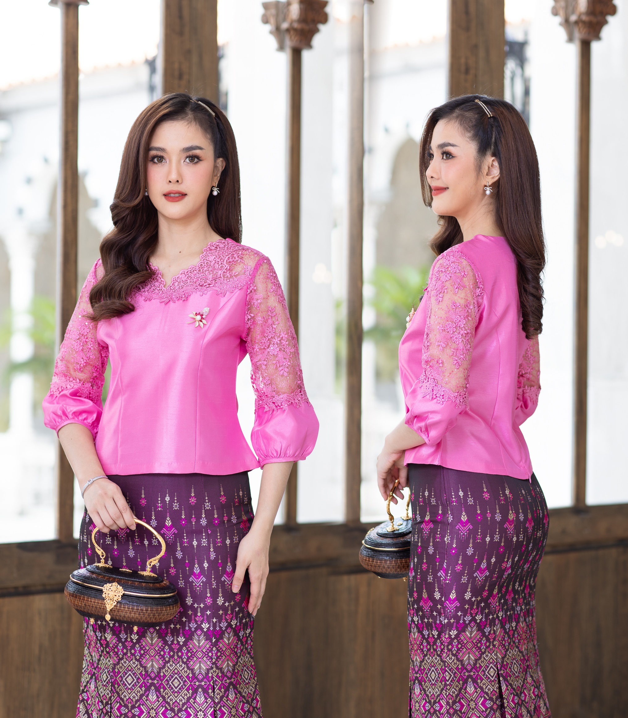 CHANIDA เสื้อผ้าไหม 4 เส้น ทรงคอวี แขนบอลลูนตัดแต่งลูกไม้ ทรงสวย งานตรง ...