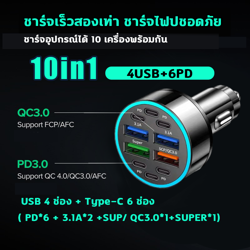 การขยาย10พอร์ต 4USB 6PD TypeC 3.1A ที่ชาร์จในรถ ที่ชาร์จเสียบที่จุด ...