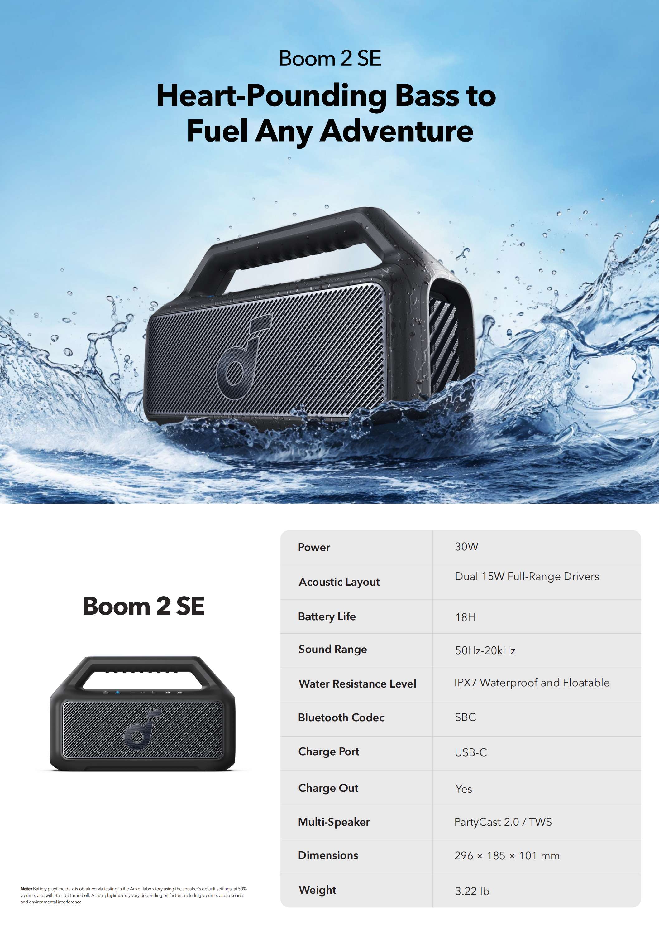 Soundcore Boom 2 SE ลำโพงบลูทูธ Titanium Diver 30W, Bass UP, IPX7, 24 ...