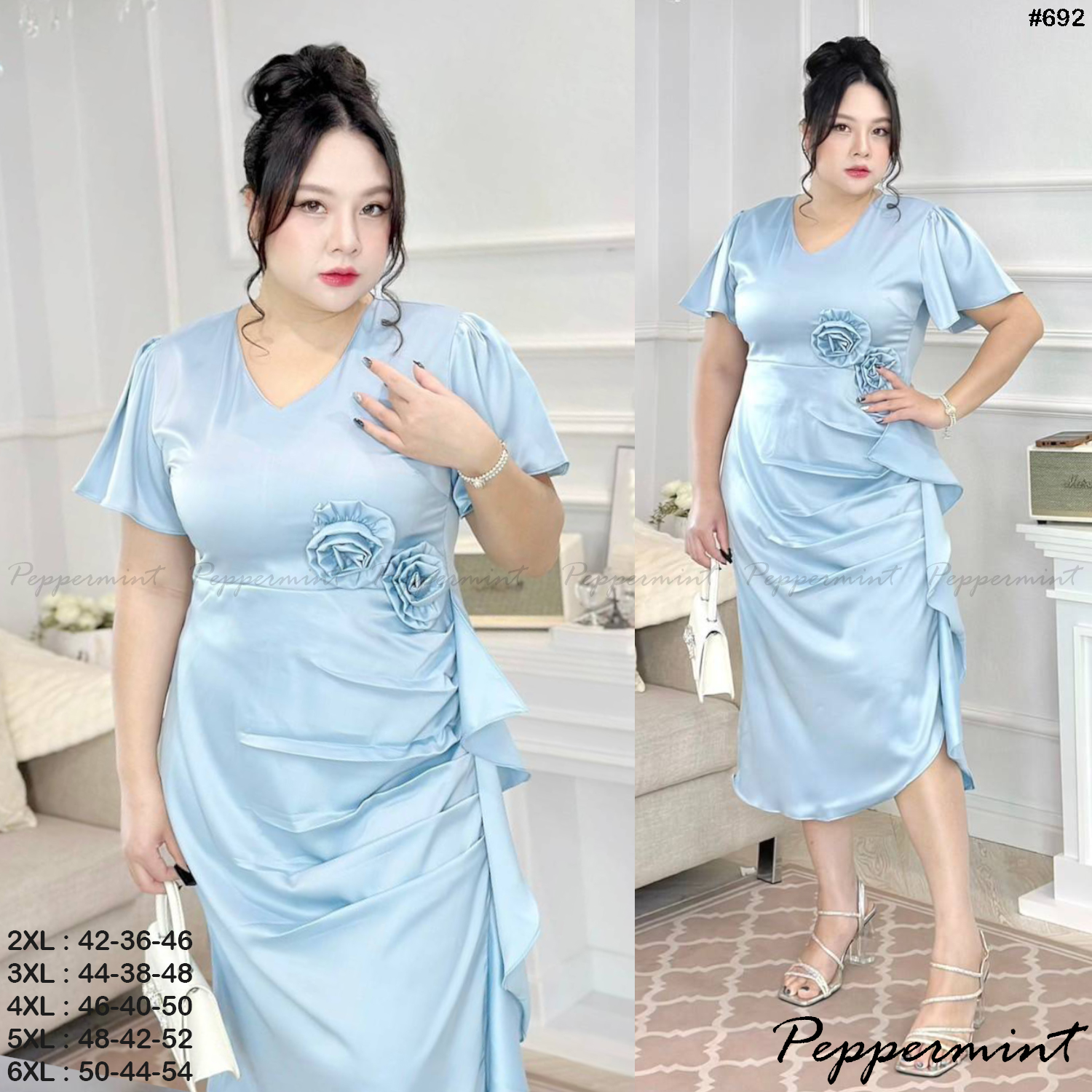 ชุดออกงานสาวอวบ เนื้อผ้าซิลซาติน คอวี เย็บดอกไ้ม้ช่วงเอว อก40-50นิ้ว Peppermint_PlusSize (692 ...