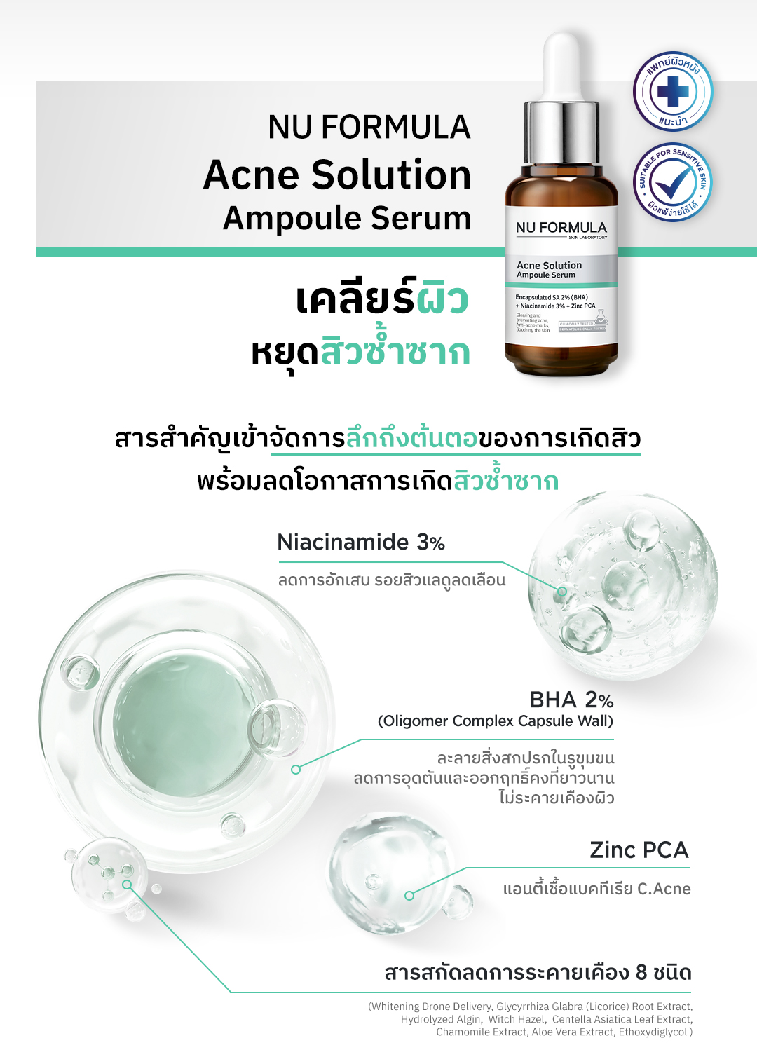 NU FORMULA Acne Solution Ampoule Serum 30ml เซรั่มดูแลปัญหาสิว BHA 2% ...