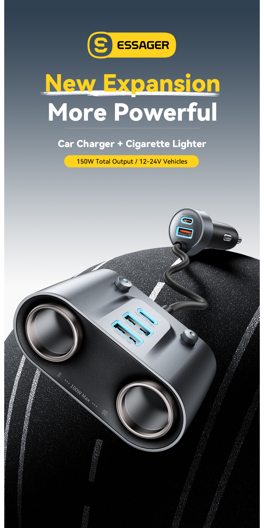 Essager 150W 3A+2C เครื่องชาร์จในรถยนต์ อินเทอร์เฟซที่จุดบุหรี่ขยาย ...