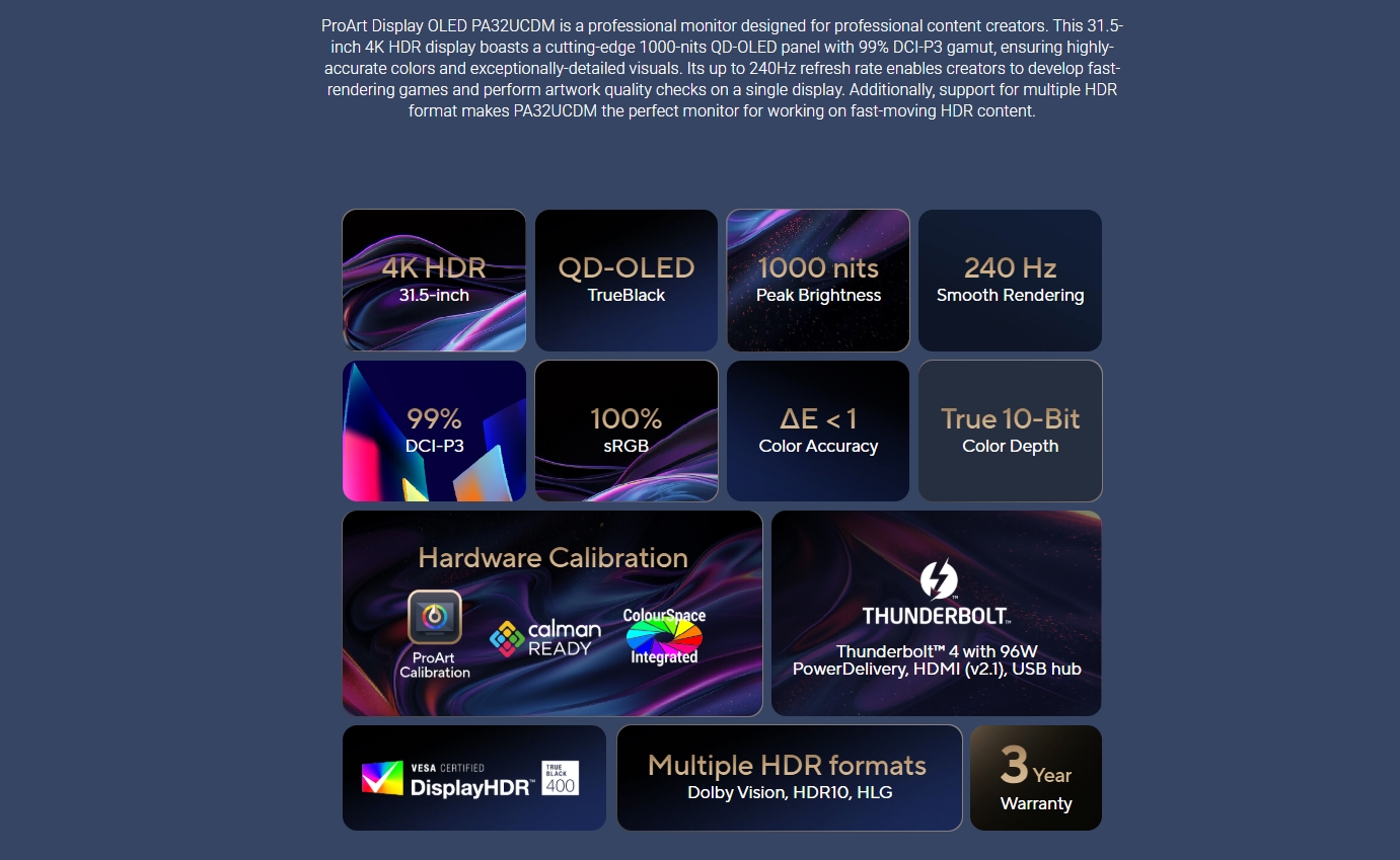 ASUS ProArt OLED PA32UCDM - 32" 4K UHD Professional Monitor, 240Hz,10-bit Auto Calibration, HDR ...