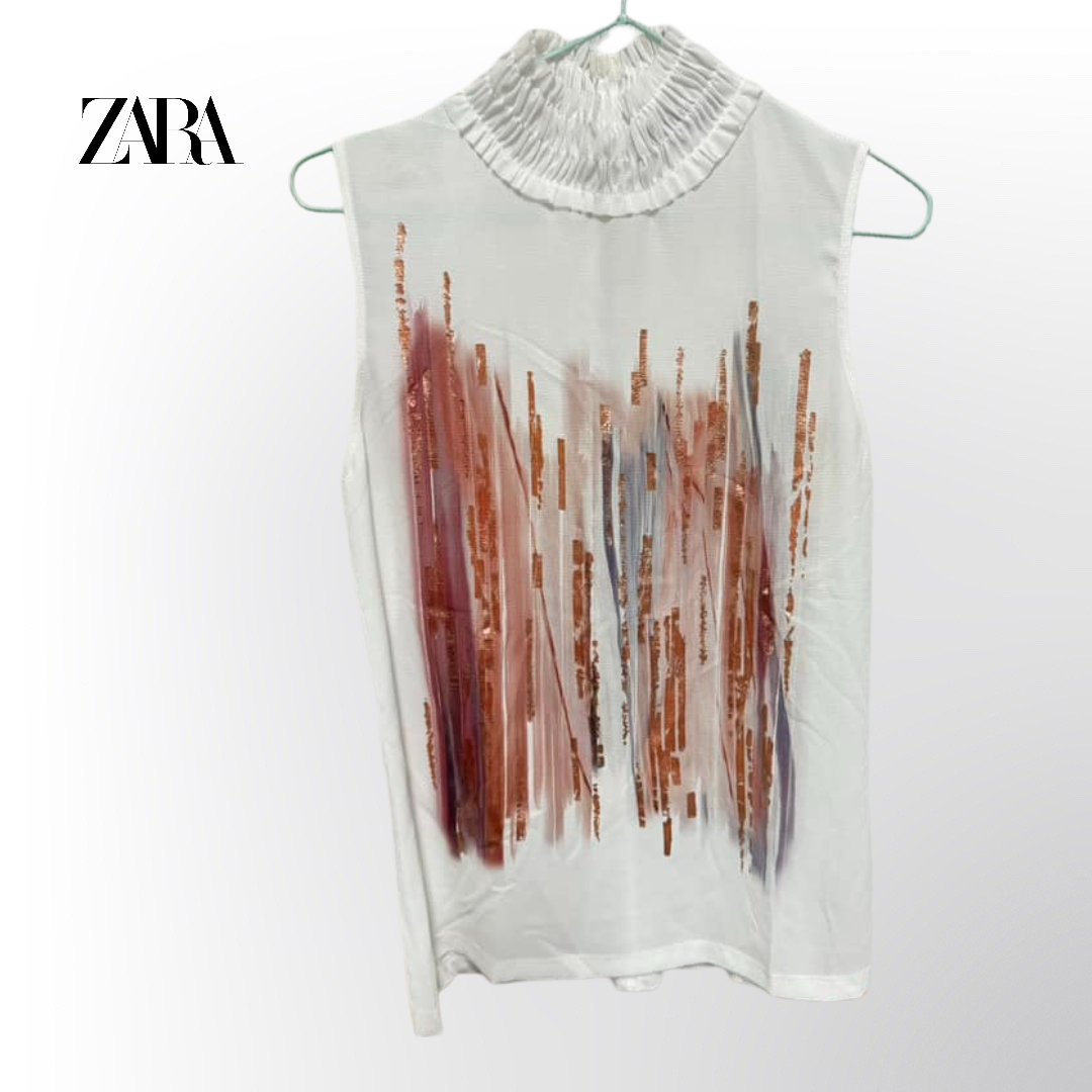 ZARA เสื้อ ผ้าเนื้อทรายด้านหน้าสกรีนหน้า ด้านหลังผาเรย่อน กระดุมหลัง ...