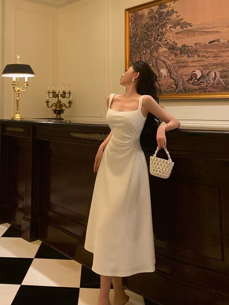 🌙ชุดเดรส,🌙ชุดเดรสสายเดี่ยวสีขาวจากช่วงเวลากระโปรงยาวเอวสไตล์ฝรั่งเศสทรง ...