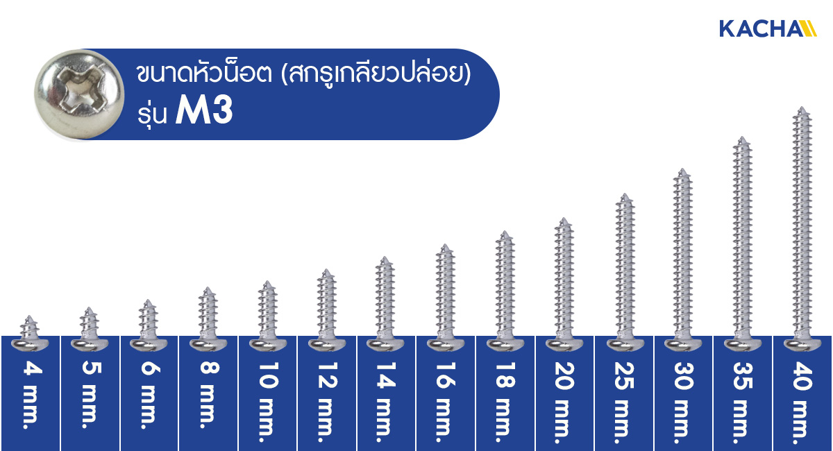 KACHA น็อต สกรู หัวกลม แฉก P+ เกลียวมิล M3 สแตนเลส 304 เกลียวปล่อย ...