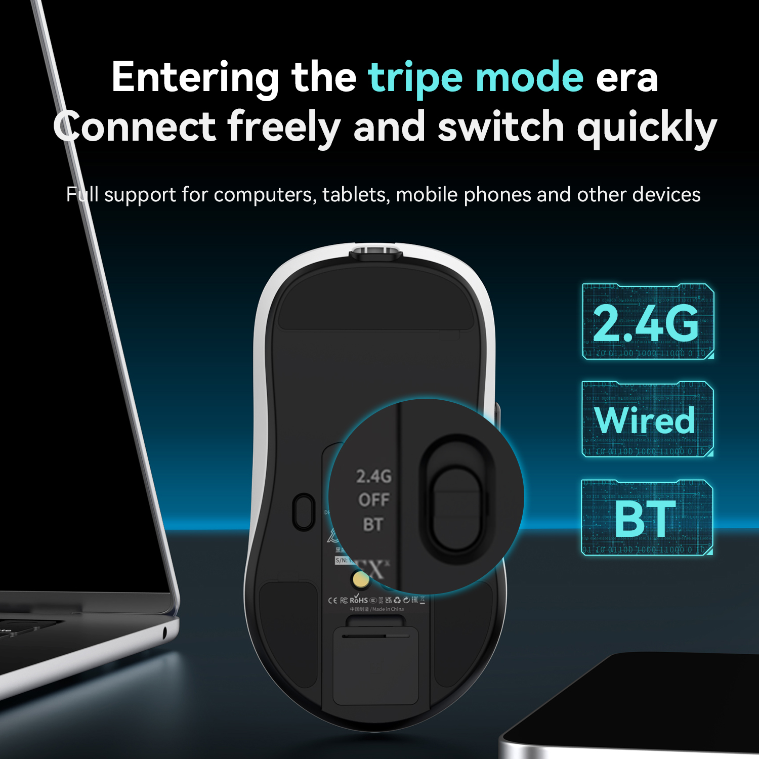 เมาส์เกมมิ่งพร้อมแท่นชาร์จ Ajazz AJ159P MC Tri-Mod(Wired+2.4G+BT) Wireless Magnetic Charging ...