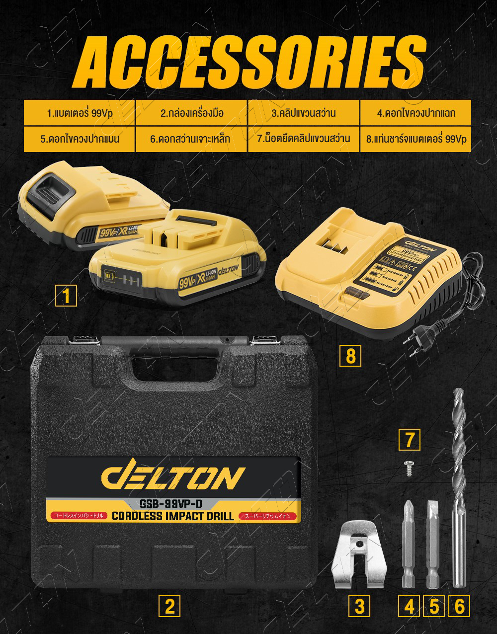 DELTON สว่านกระแทก ไร้สาย 3 ระบบ 99V แบตเตอรี่ Lithium-ion 2 ก้อน แถมฟรี! เครื่องมือช่าง ชุดใหญ่ ...