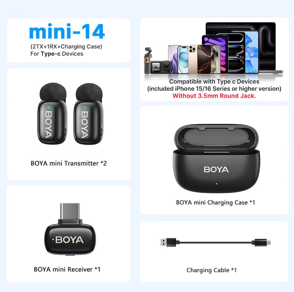 WIRELESS MICROPHONE (ไมโครโฟนไร้สาย) BOYA MINI 2 MIC + USB-C RECEIVER ...