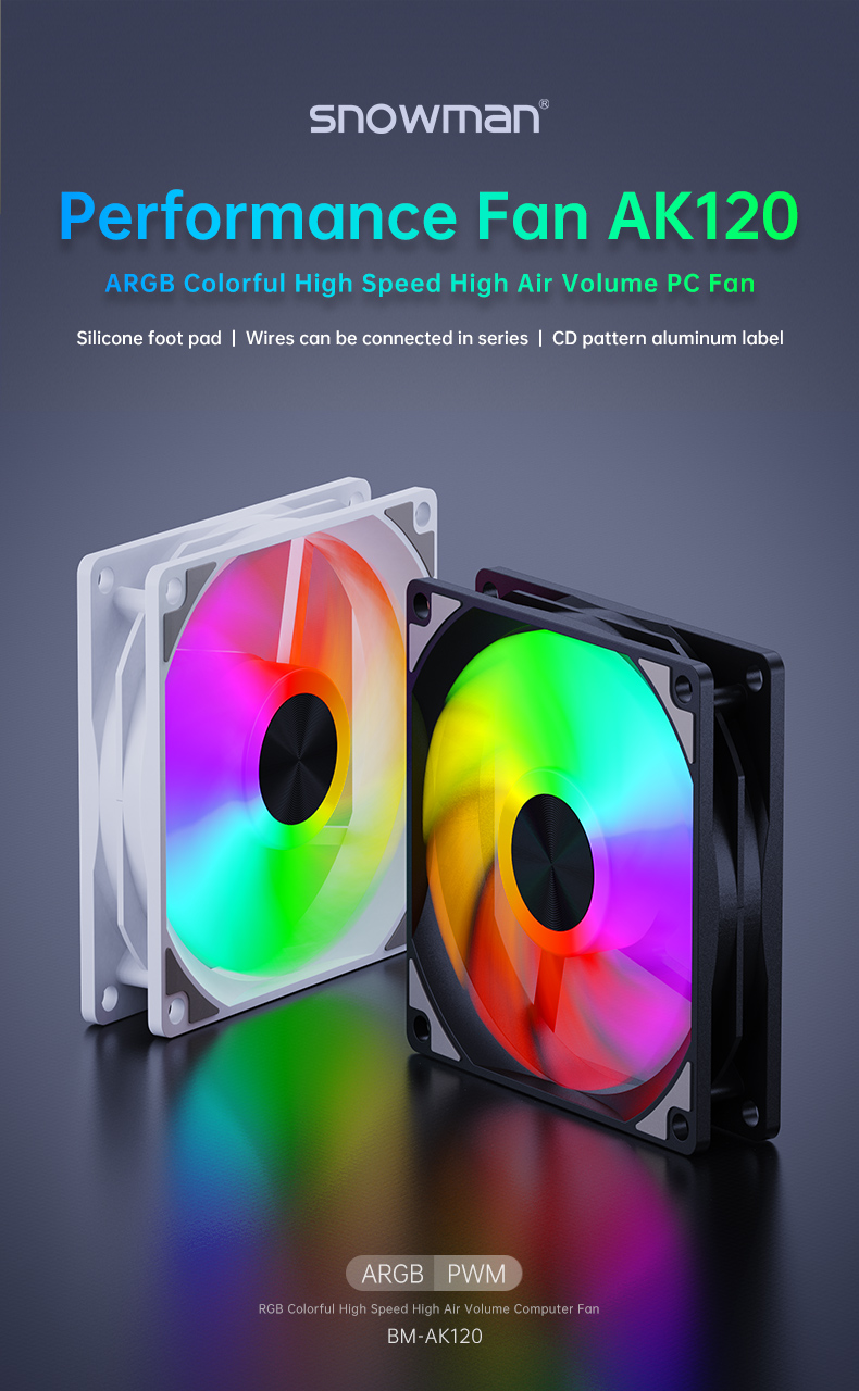 Cooling Fan (พัดลมเคส) SNOWMAN BM-AK120 RGB/ARGB B&W 4Pin PWM/5V 3pin ...