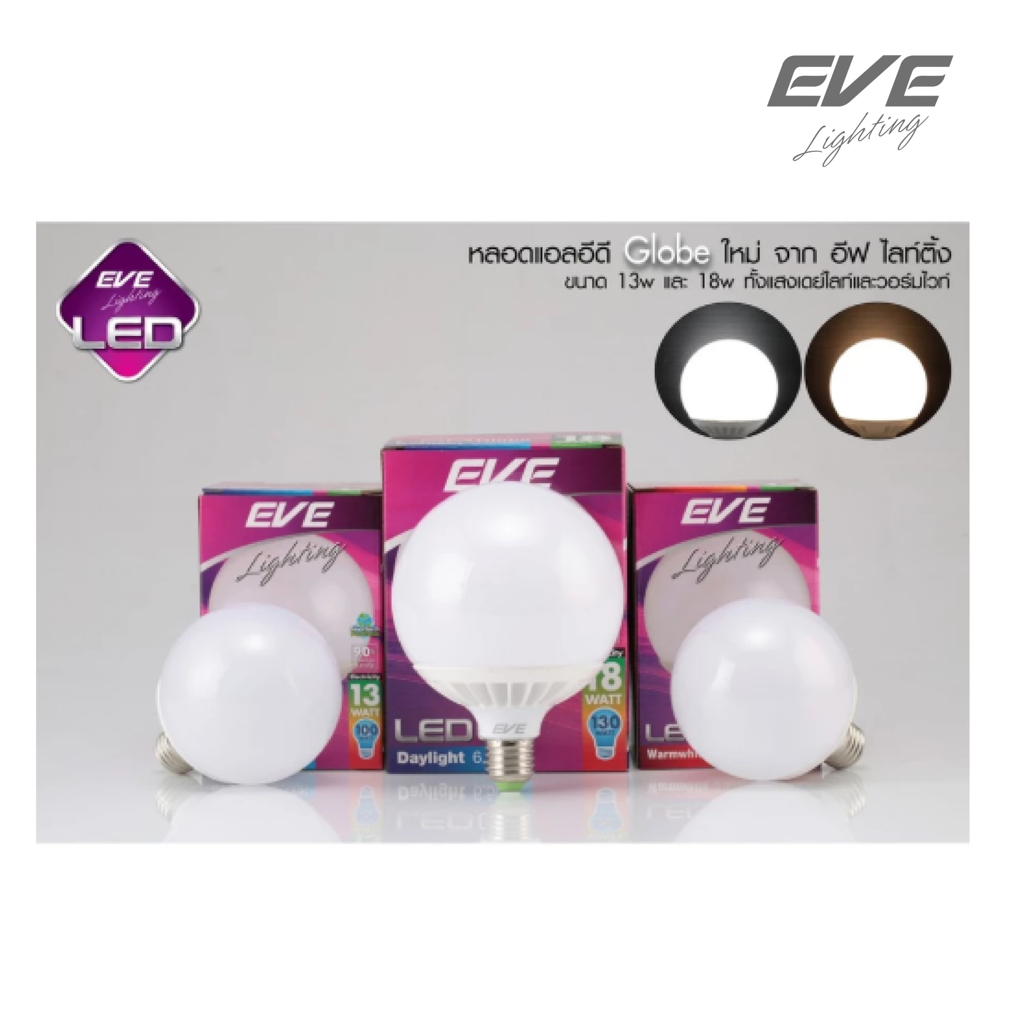 EVE หลอดไฟ ทรงกลม แอลอีดี LED รุ่น Globe ขั้วเกลียว E27 ขนาด 13, 18 ...
