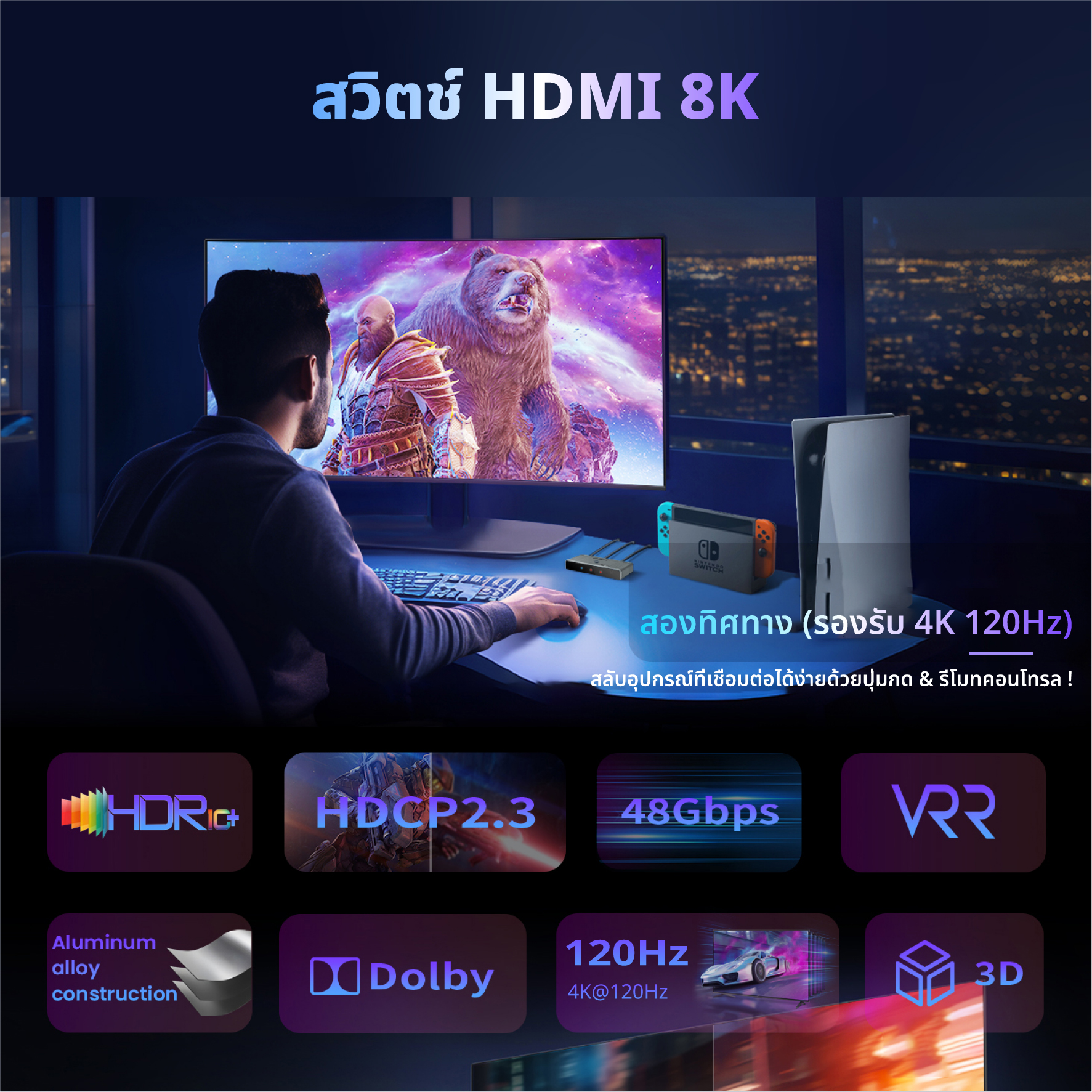 ⚡ส่งจาก กทม⚡Idigital ตัวสลับ HDMI Splitter, Switcher, อะแดปเตอร์แปลง, 4K 120Hz, 8K 60Hz, PS4/5 ...