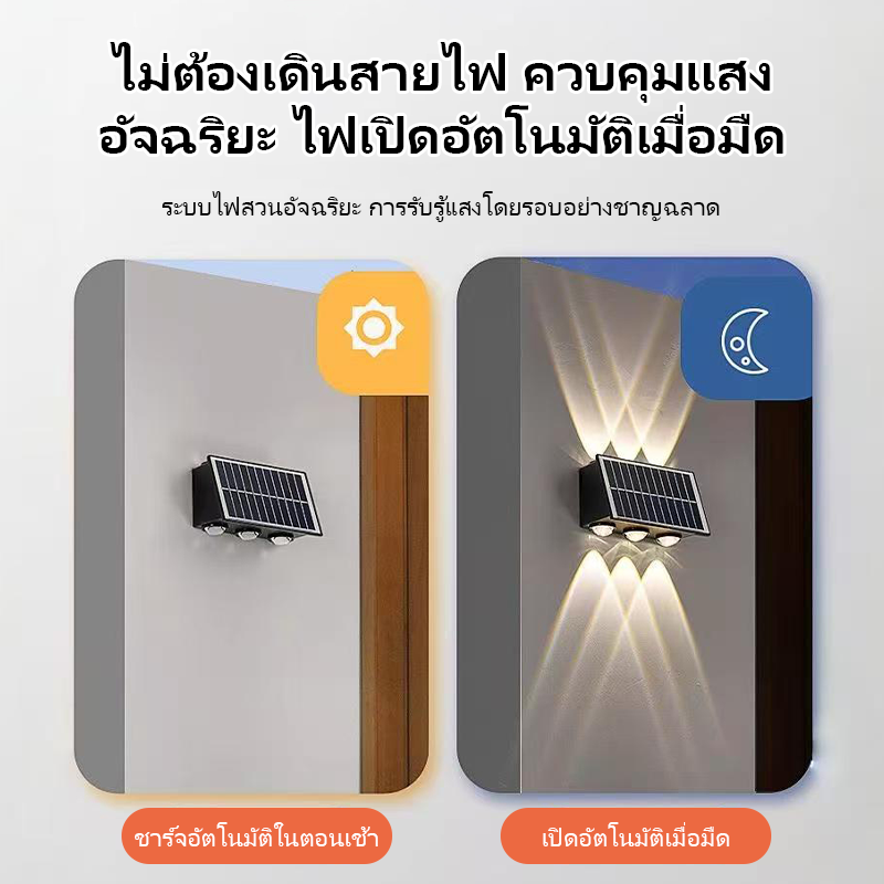 AIMO โคมไฟติดผนัง 4/6/8/10 LED ไฟโซล่าเซลล์ Solar light กันน้ํา สําหรับตกแต่งสวน ทางเดิน ...