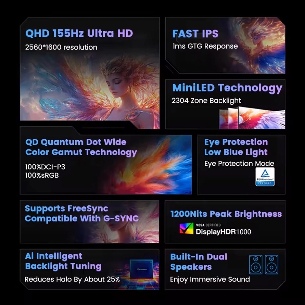 Monitor portable 18 inch 2.5K 144Hz (2560*1600P HDR 100% FreeSync 3ms ...