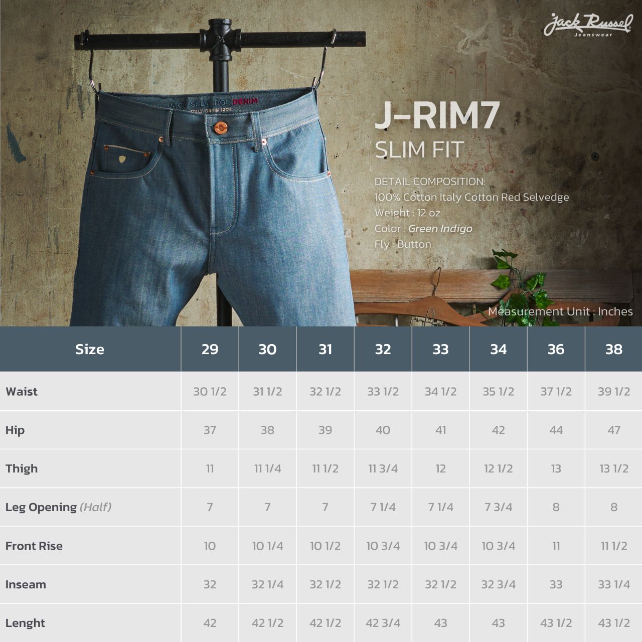 กางเกงยีนส์ผ้าดิบริมแดงผู้ชาย Jack Russel Meisterwerk J-RIM7 Slim Fit Green Indigo & Red ...