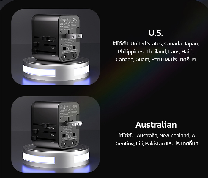 Deli หัวแปลงปลั๊กไฟ อะแดปเตอร์ปลั๊กสากล หัวชาร์จต่างประเทศ USB TypeC แรงดันไฟ110-230V Travel ...